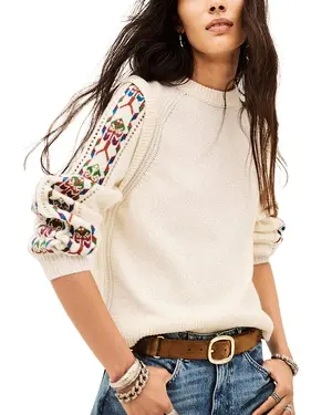 Ba&sh Elda Embroidered Wool Round Neck Sweater - Off White