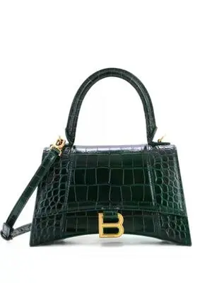 Balenciaga Hourglass Top Handle Bag Crocodile Embossed Leather Small Crossbody Bag - Green