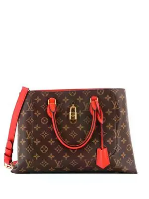 LOUIS VUITTON Flower Monogram Canvas With Leather Tote Bag - Red