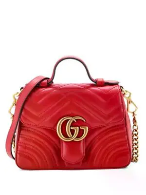 Gucci Gg Marmont Top Handle Flap Bag Matelasse Leather Mini Satchel - Red