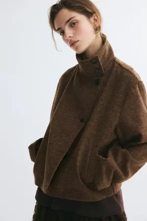 H&M Felted Funnel-collar Jacket - Brown/patterned