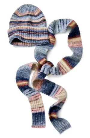 Free People Striped Beanie & Scarf Set - Blue Combo