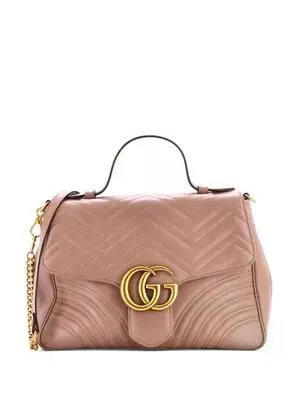 Gucci Gg Marmont Top Handle Flap Bag Matelasse Leather Medium Satchel - Neutrals