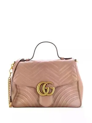 Gucci Gg Marmont Top Handle Flap Bag Matelasse Leather Medium Satchel - Neutrals