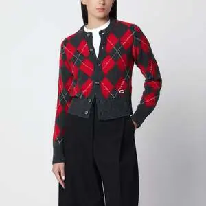 AMI Paris Red/ Argyle-pattern Cardigan In Wool
