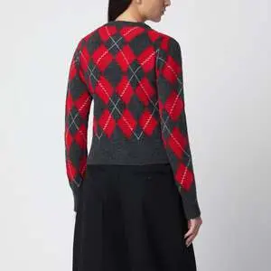 AMI Paris Red/ Argyle-pattern Cardigan In Wool