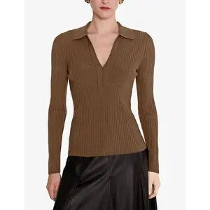 JOSEPH Collared Rib Merino-wool Blend Polo Top - Sable