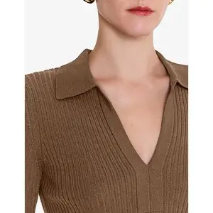 JOSEPH Collared Rib Merino-wool Blend Polo Top - Sable