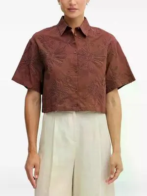 BENETTON Floral-embroidered Cropped Shirt - Brown