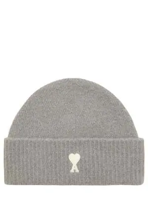 AMI Paris Wool Blend Beanie Hat With Logo Patch - Grey