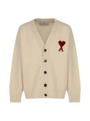 AMI Paris Wool V-neck Cardigan With Logo Embroidery