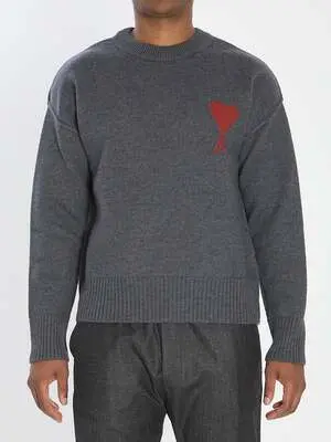 AMI Paris Contrast Logo Crewneck Sweater - Htrgreyred