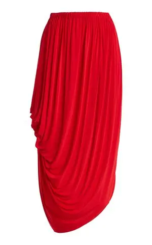ASHLYN Asymmetrical Cascade Jersey Midi Dress - Red