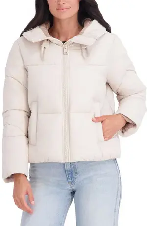 KENNETH COLE Short Hooded Puffer Jacket Bone