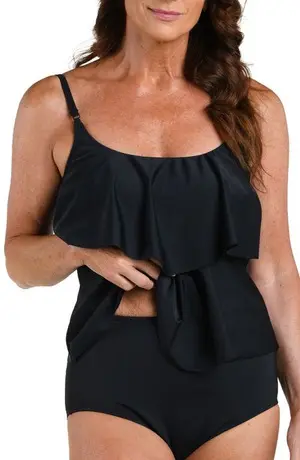 MAXINE OF HOLLYWOOD Solid Double Tiered Tankini Top Black