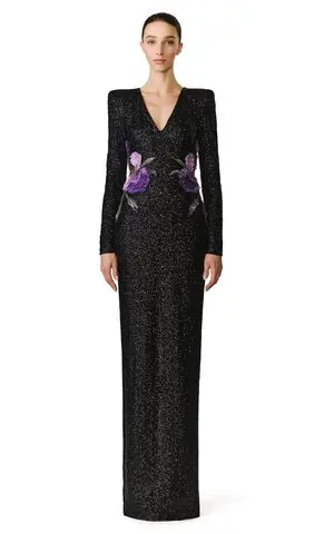 Naeem Khan Floral Applique Sequined Gown