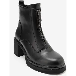 FOREVER & ALWAYS SHOES Stena Leather Front Zip Block Heel Boot - Black