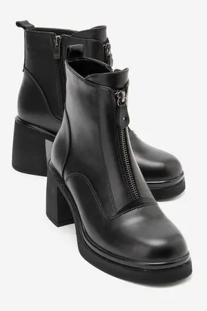 FOREVER & ALWAYS SHOES Stena Leather Front Zip Block Heel Boot - Black