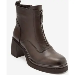 FOREVER & ALWAYS SHOES Stena Leather Front Zip Block Heel Boot - Brown