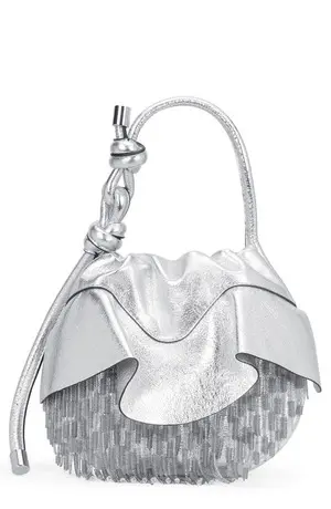 BEHNO Ina Mini Ruffle Leather Potli Bag - Silver