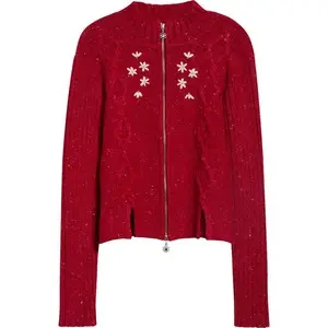 PAOLINA RUSSO Embroide Alpaca & Merino Wool Cable Cardigan - Red