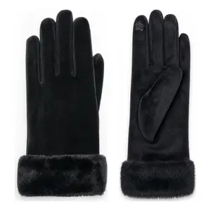 London Fog Velvet Glove With Faux Fur Cuff - Black