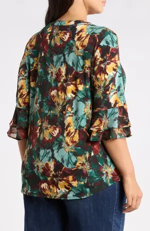 KASPER Split Neck Flutter Sleeve Tunic - Evergreen Multi