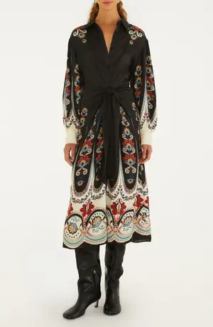 Farm Rio Nikita Long Sleeve Midi Shirt Dress - Black