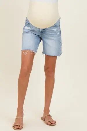 PINKBLUSH Distressed Frayed Hem Midi Maternity Jean Shorts