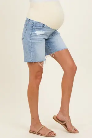 PINKBLUSH Distressed Frayed Hem Midi Maternity Jean Shorts