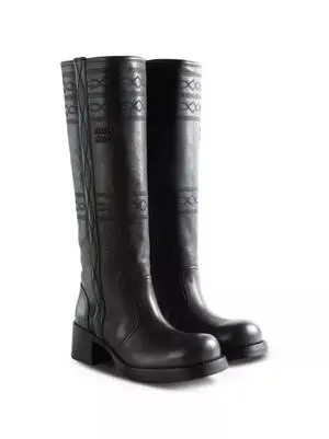 Miu Miu Embroidered Leather Boots - Grey