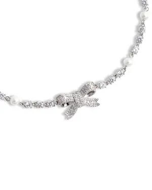 SELF-PORTRAIT Crystal & Imitation Pearl Bow Necklace, 11.8-15.7