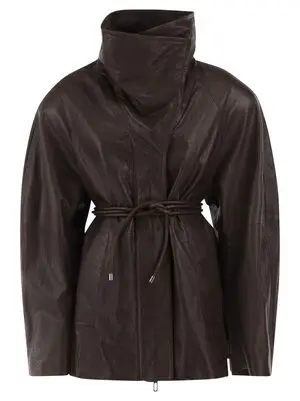 Sportmax Spsalaggio Lamb Leather Jacket With High Neck And Belt - Brown