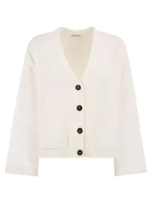 Brunello Cucinelli Ribbed Cardigan With Organza Sleeves - White