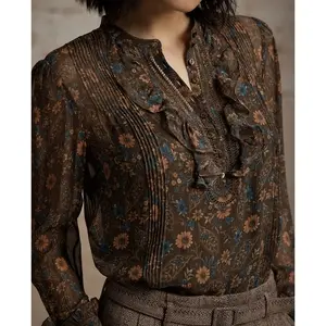 Ralph Lauren Floral Crinkled Silk Chiffon Blouse