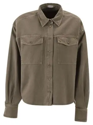 Brunello Cucinelli Shirt In Garment-dyed Cotton And Linen Cover - Brown
