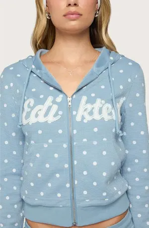 EDIKTED Dilly Polka Dot Waffle Full Zip Hoodie