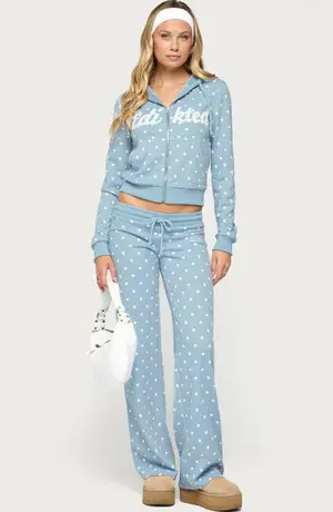 EDIKTED Dilly Polka Dot Waffle Full Zip Hoodie
