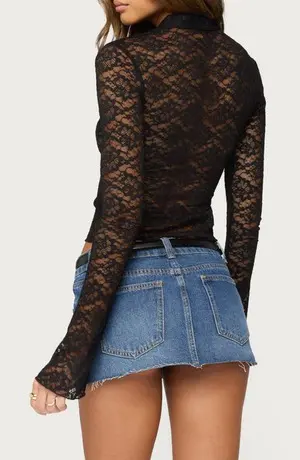 EDIKTED Faela Sheer Lace Bell Sleeve Top