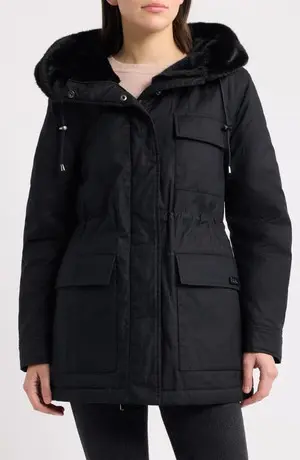 Sam Edelman Faux Fur Lined Hood Cotton Anorak Black