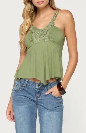 EDIKTED Rania Sequin Butterfly Handkerchief Hem Tank