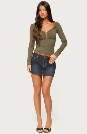 EDIKTED Blyss Curved U Long Sleeve Top - Olive