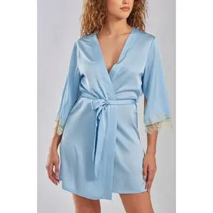 ICOLLECTION Slit Sleeve Satin Wrap Robe - Light-blue