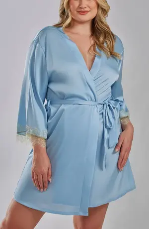 ICOLLECTION Slit Sleeve Satin Wrap Robe - Light-blue