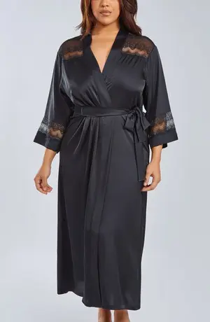 ICOLLECTION Lace Trim Satin Long Robe - Black