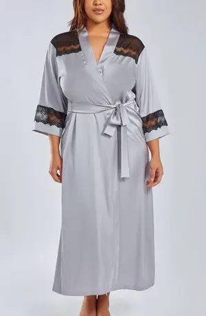 ICOLLECTION Lace Trim Satin Long Robe - Silver-black