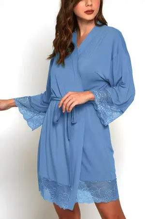 ICOLLECTION Lace Trim Viscose Wrap Robe - Blue