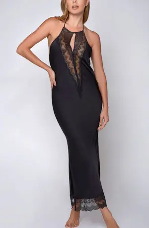 ICOLLECTION Lace Inset Satin Halter Nightgown - Black