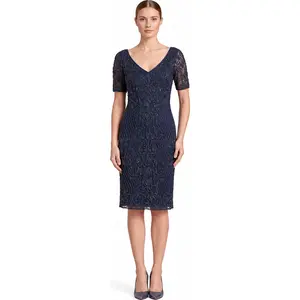 LARA NEW YORK Embellished Midi Dress With Short Sleeves - Navy