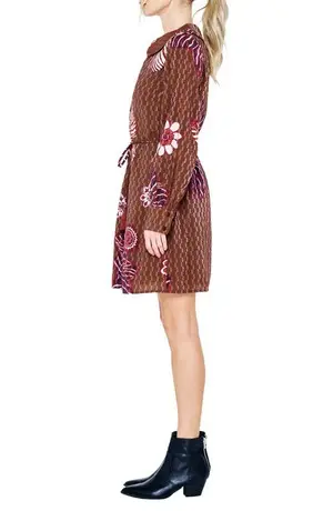 CIEBON Willow Print Tie Waist Long Sleeve Dress